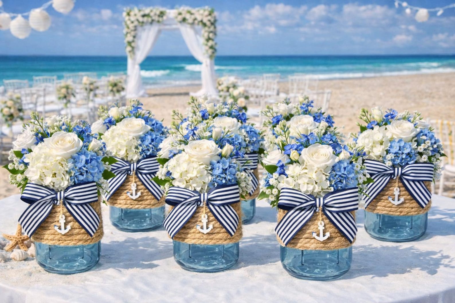 Coastal Wedding Table Decor, Nautical Centerpiece With Mason Jar, Beach ...