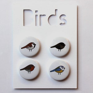 Set of 4 Bird Badges British Garden Birds Robin Blue Tit Blackbird ...