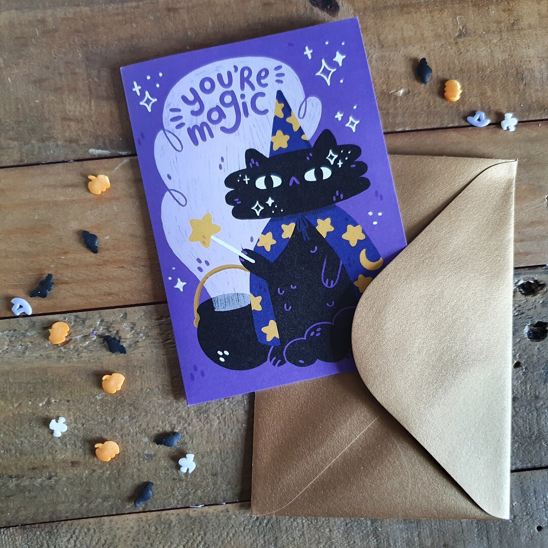 Thank You Card "you're Magic" Wizard Cat Greeting Card A6 With Gold ...