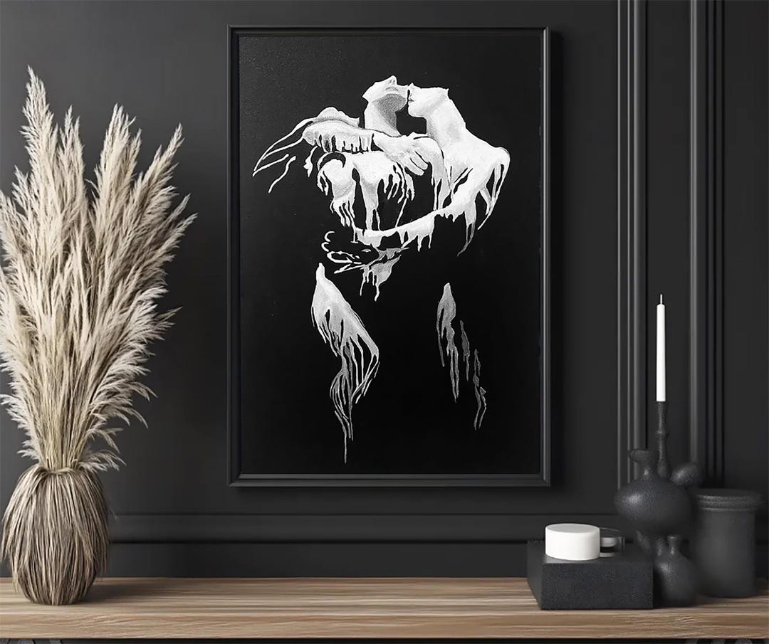Black and White Erotic Oil Painting on Canvas – Abstract Couple Wall Art – Sensual Nude Lovers ...