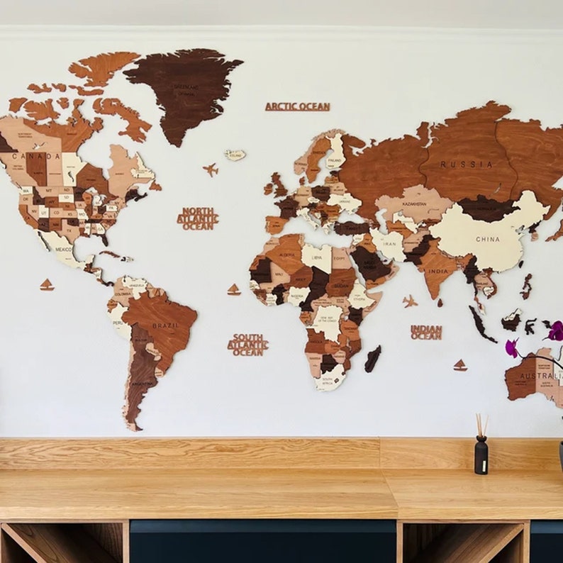 3D Wooden World Map Wood Map of the World Travel Wall Décor - Etsy
