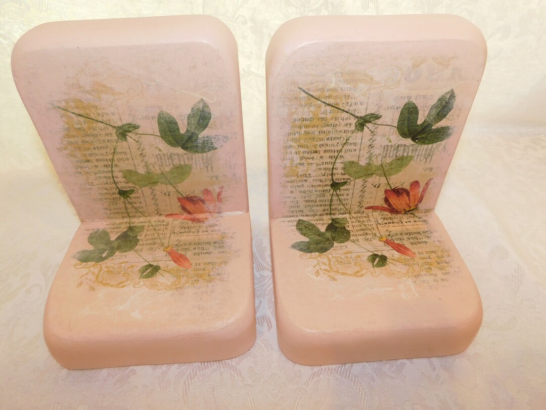 Hand Painted Wooden Bookends With Decoupage Flower Design. - Etsy