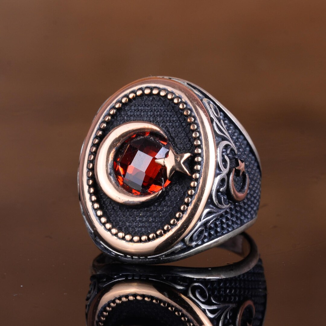 Crescent Star Turkish Ring With Created Garnet Stone 925 Sterling ...