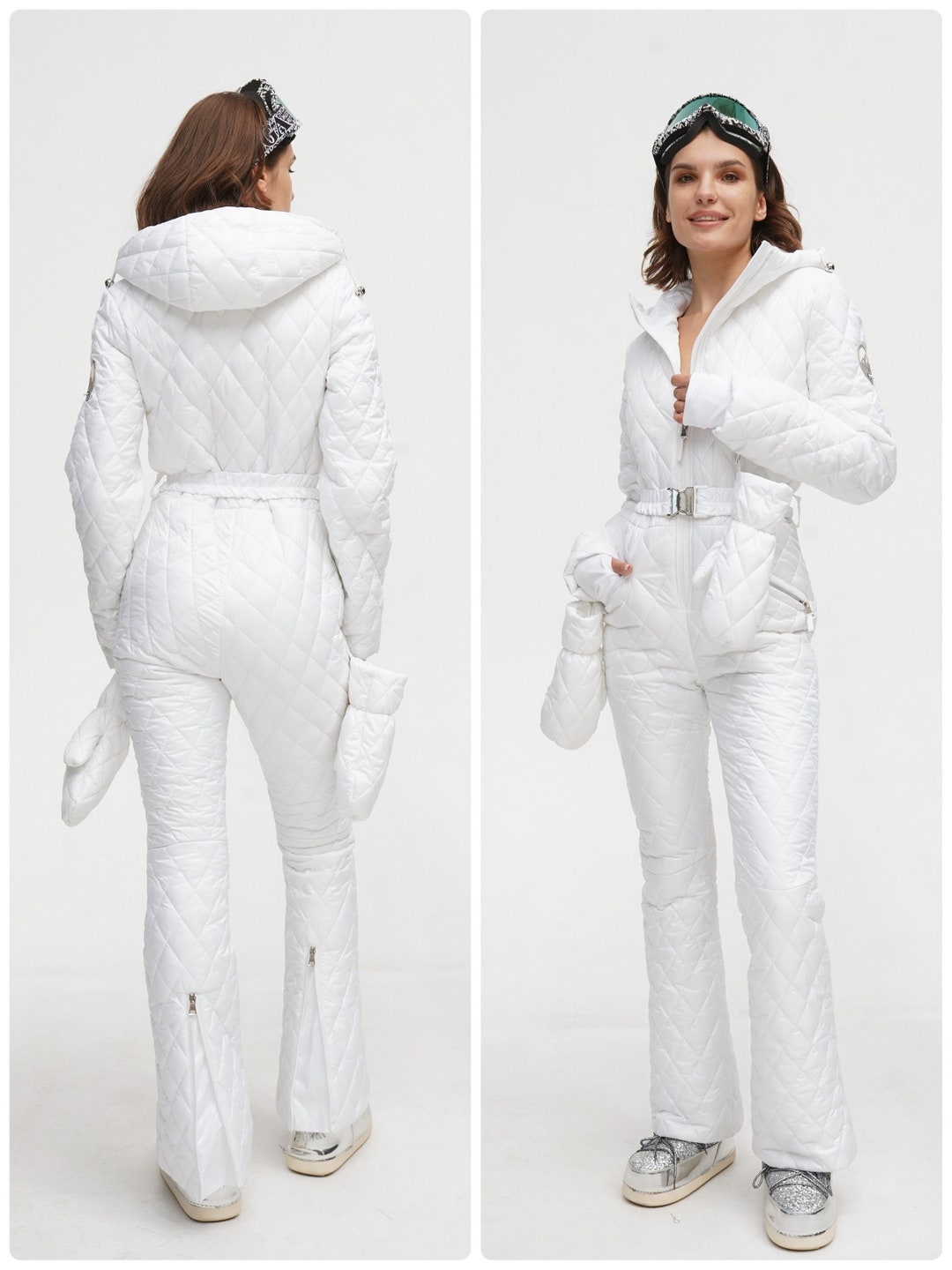 White Women's Ski Suit, Winter Quilted Ski Suit Fitted Belted Waist ...