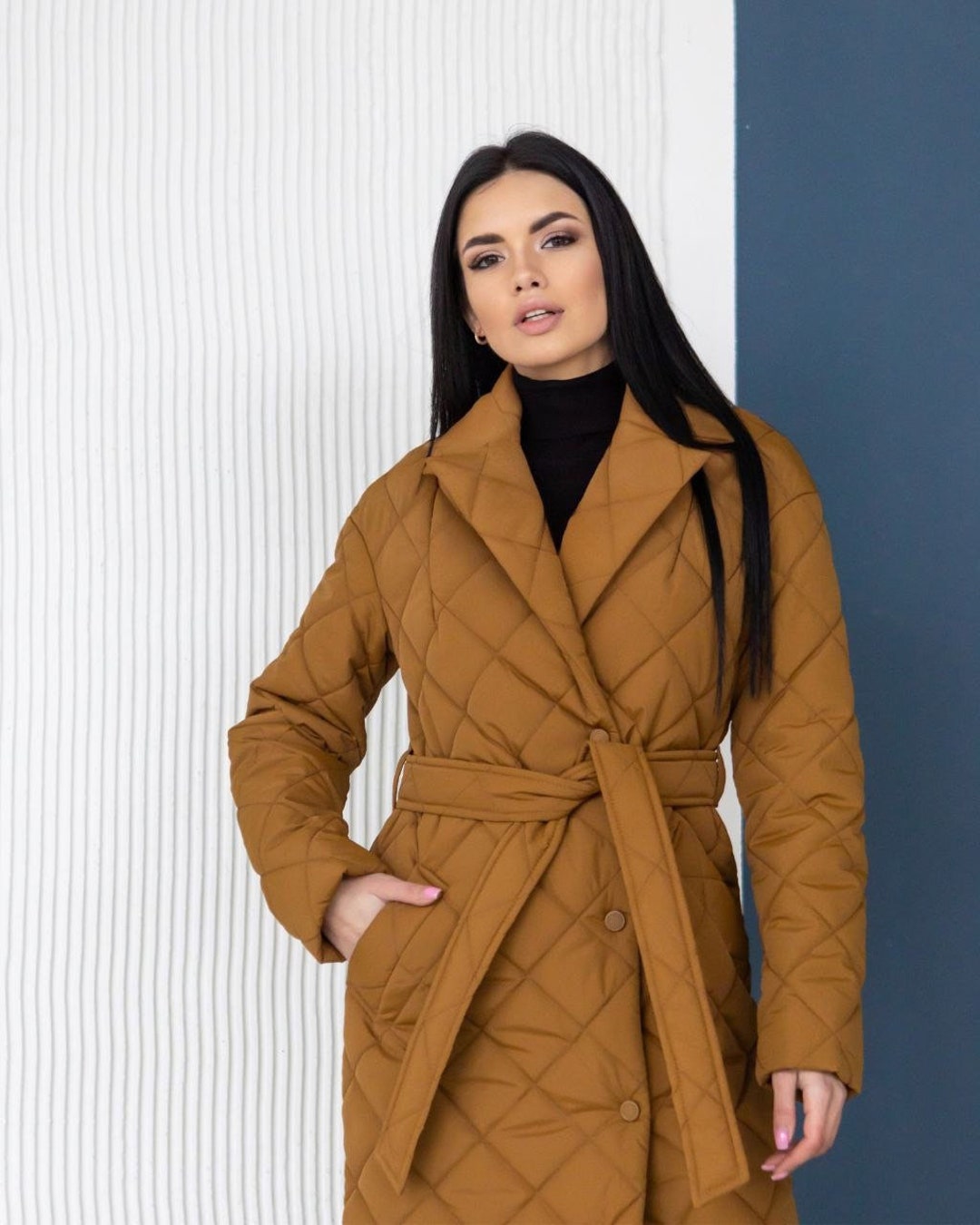 Caramel Quilted Puffer Padded Coat, Notch Lapels Quilted Coat With Tie ...