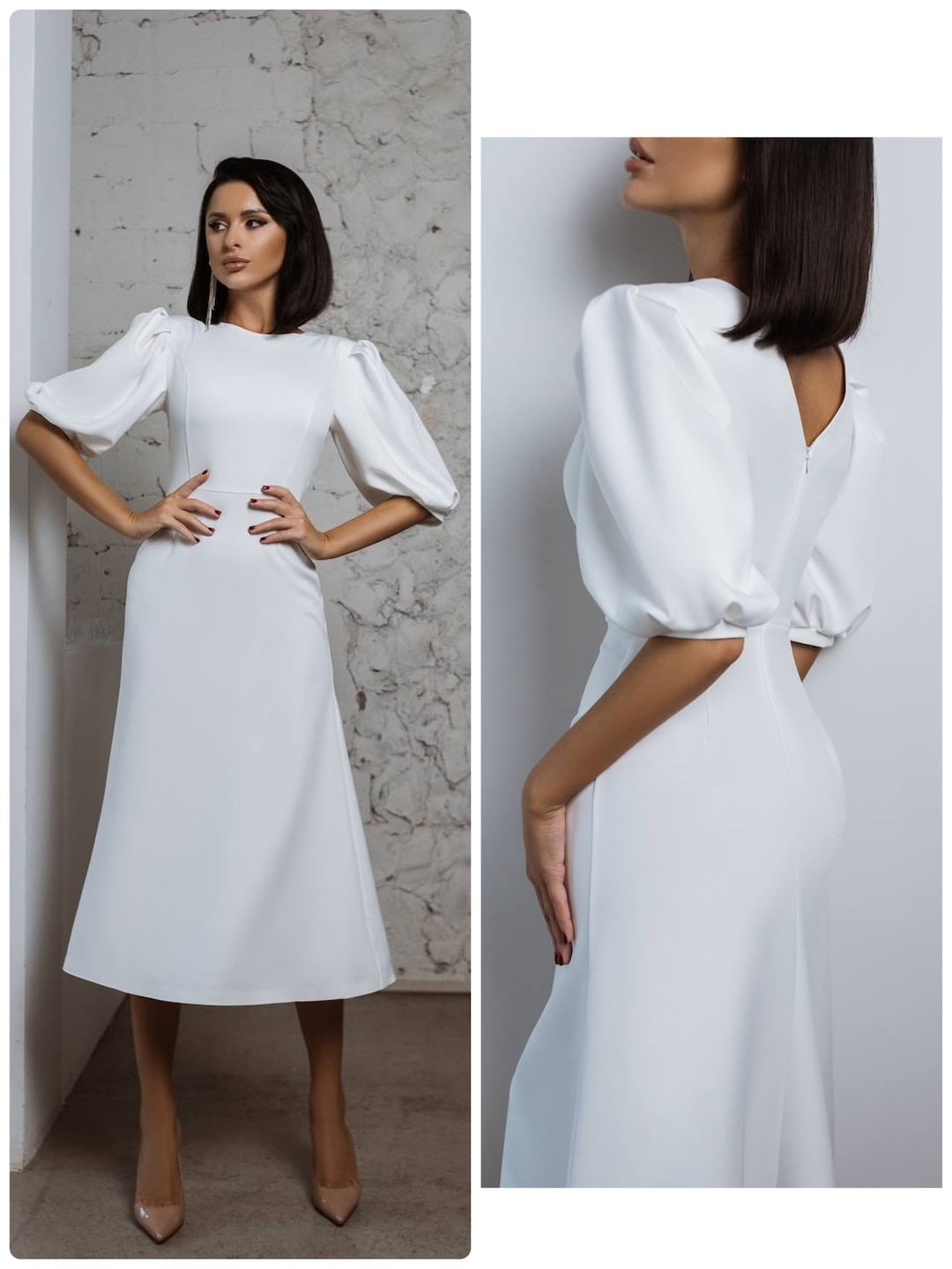 White Formal Midi Dress, Elegant Midi Dress for Special Occasions ...