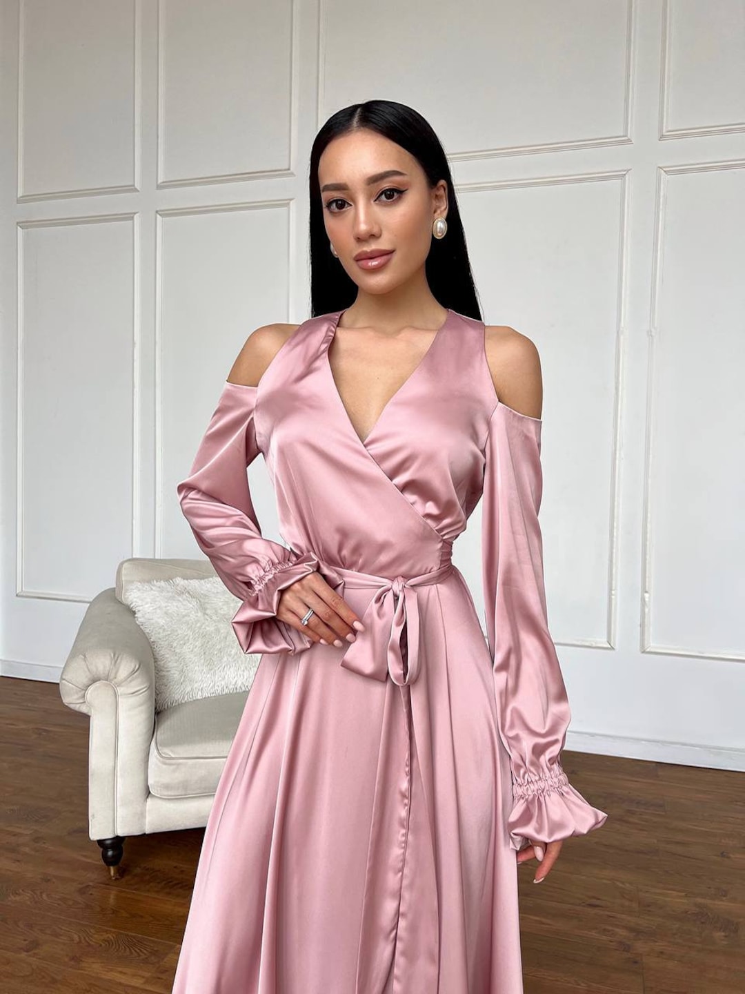 Dusty Pink Bridesmaid Silk Dress With Cold Shoulder Special - Etsy