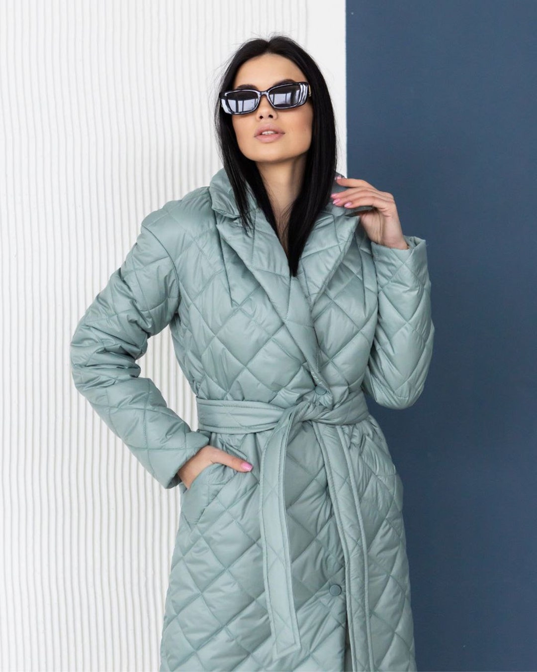 Sage Green Quilted Puffer Padded Coat Notch Lapels Quilted - Etsy