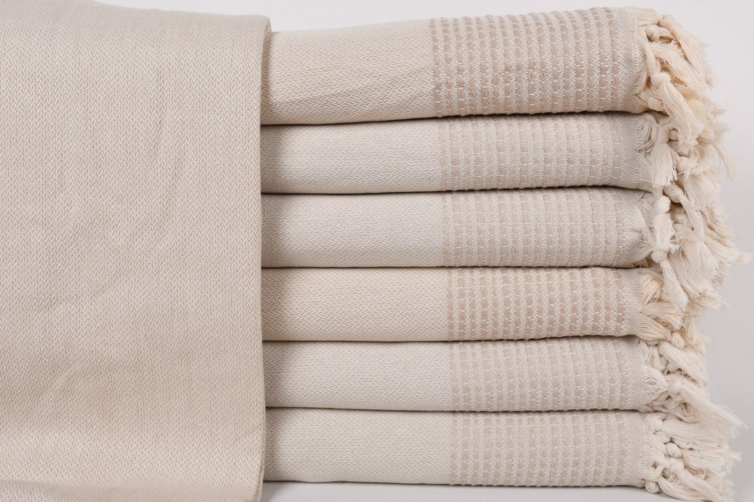 Organic Turkish Cotton Throw Blanket: Light Beige Striped Bed Cover - Etsy