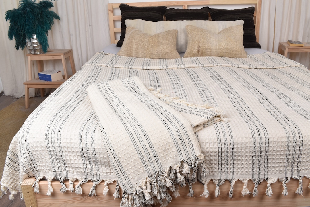 Picnic Blanket, Turkish Bedspread, Cream Blanket, Striped Throw, 71x95 ...