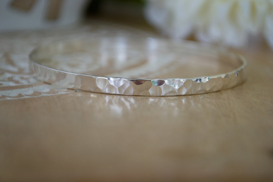 Wide Hammered Silver Bangle Bracelet Thick Sterling Silver - Etsy