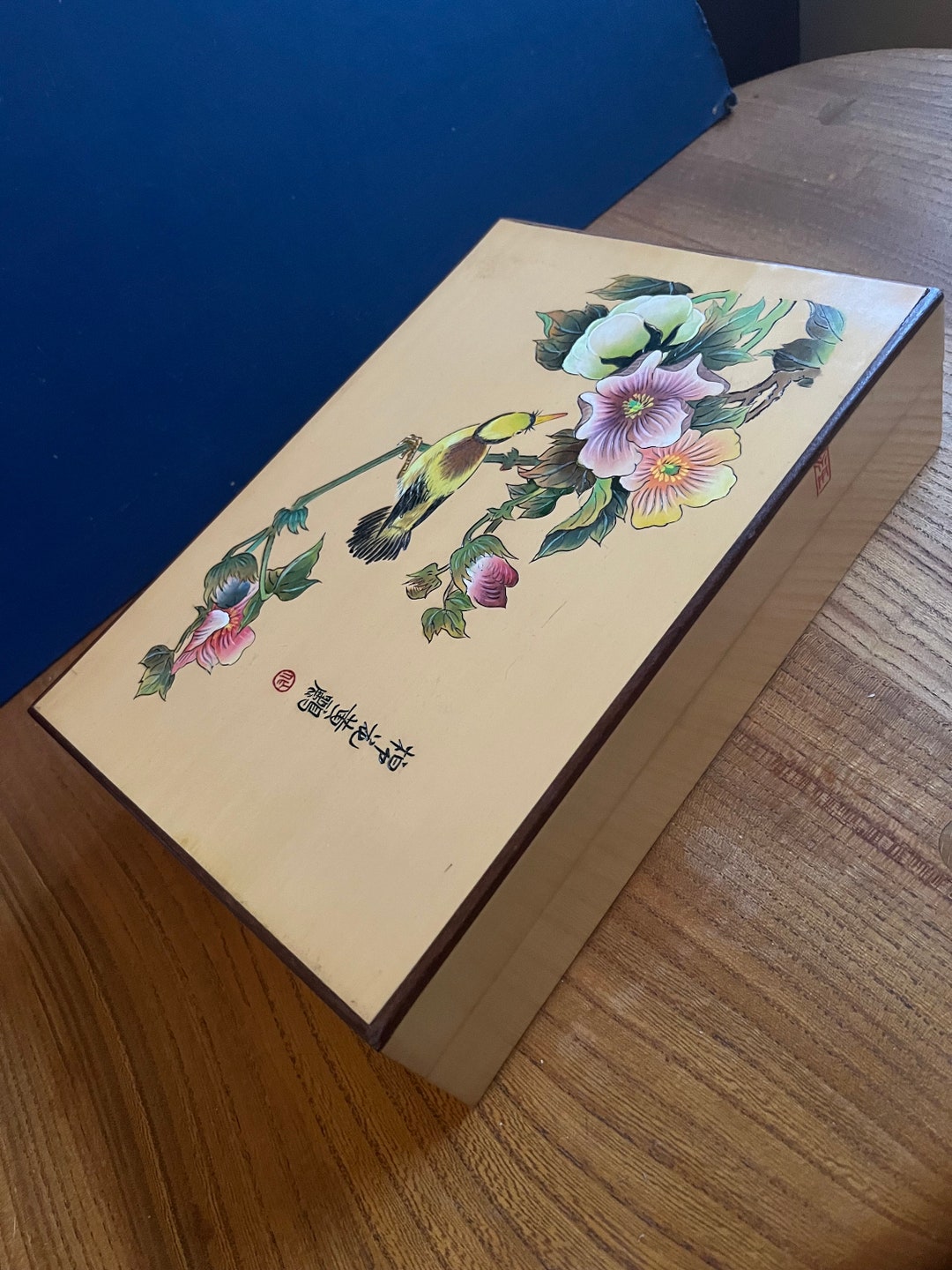1960s Japanese/ Chinese Style Painted Wooden Box. Bird of Paradise ...