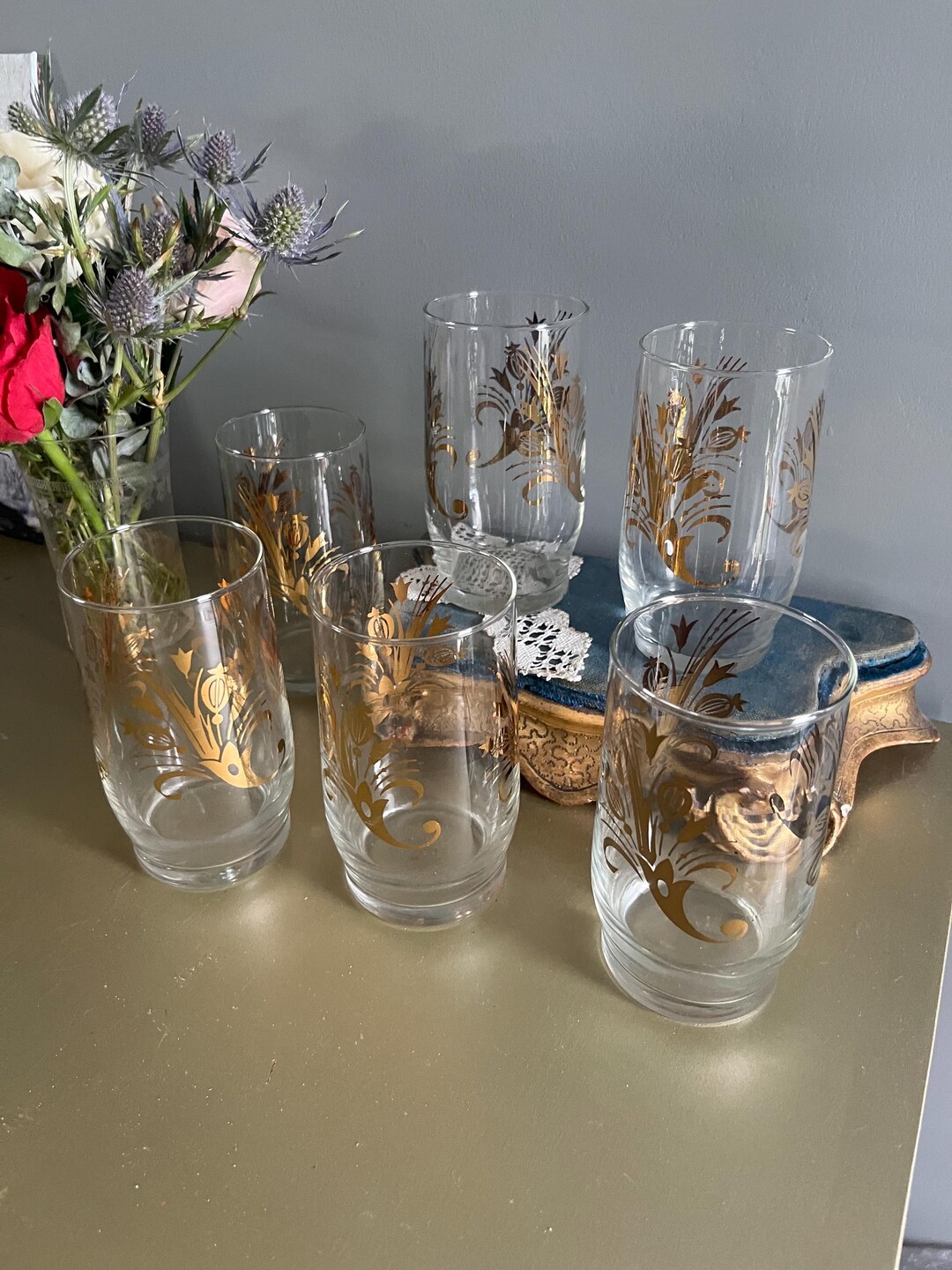 Vintage Gold Design Raven Set 6 Glasses - Etsy