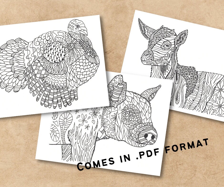 Multi-pack Farm Animal Coloring Pages Adult Coloring Pages Zentangle ...