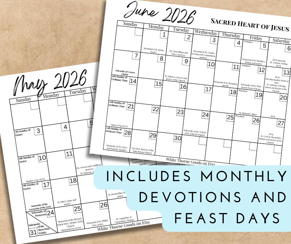 Printable 2026 Catholic Calendar | Liturgical Planner With Feast Days ...