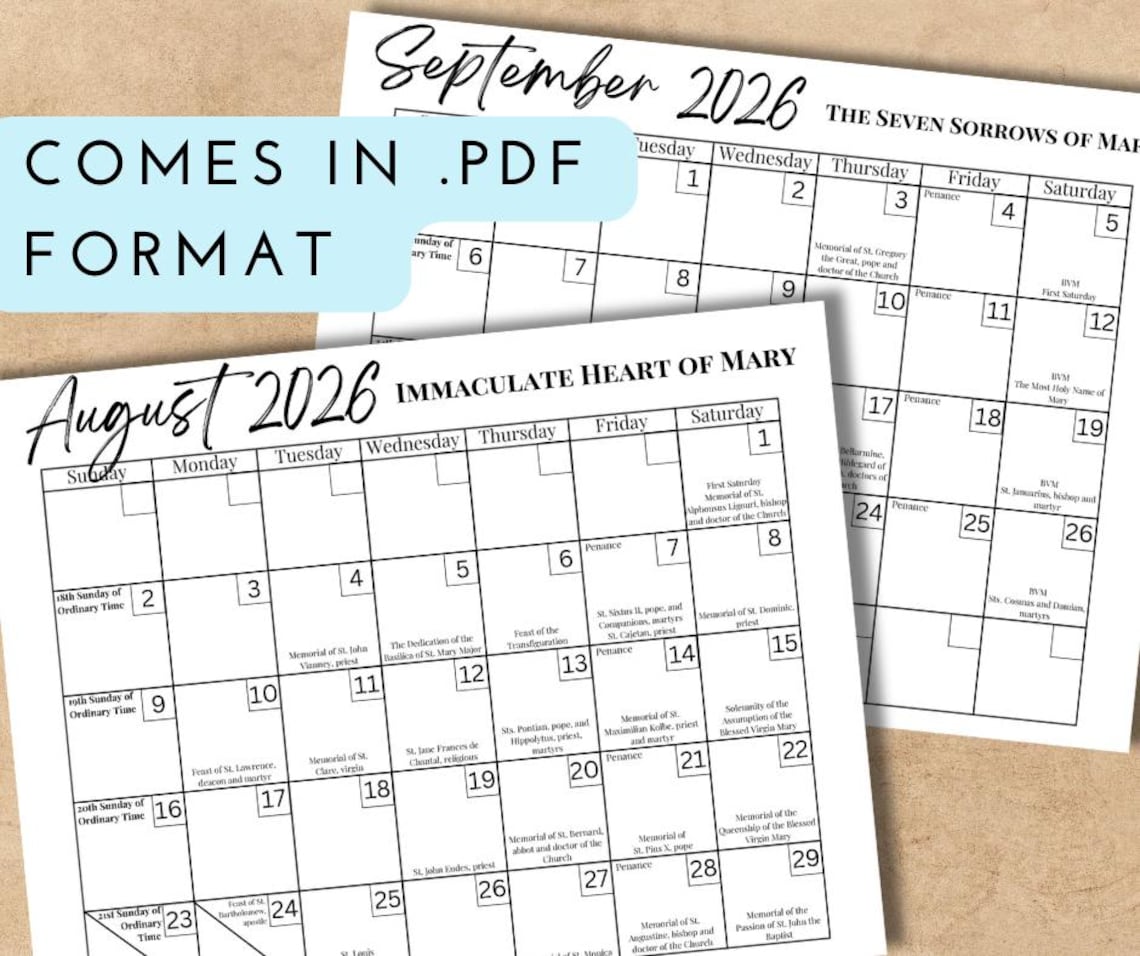 Printable 2026 Catholic Calendar | Liturgical Planner With Feast Days ...