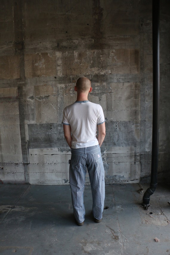 Unique Single Stitch 1970s Light Blue RInger White T-… - Gem