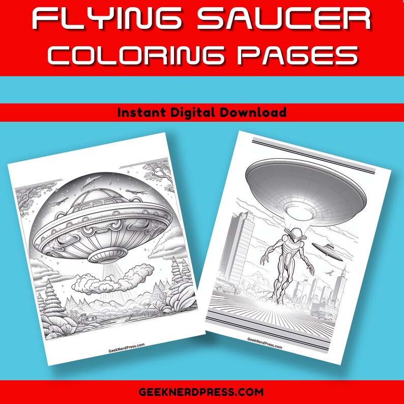 Flying Saucer and Alien Coloring Pages for Adults Kids Printable Instant Download Grayscale Book ...