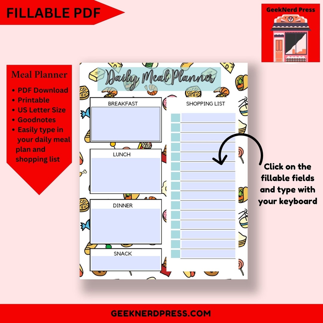 Daily Meal Planner Fillable Pdf/digital Meal Planner/editable Daily ...