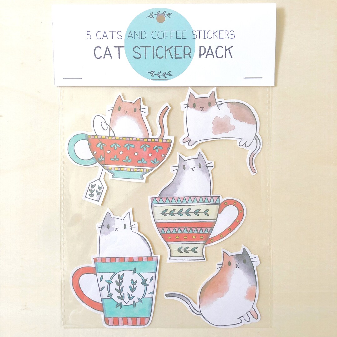 Cats and Coffee Stickers and A6 Cat Print Sticker Pack Cute Kawaii ...