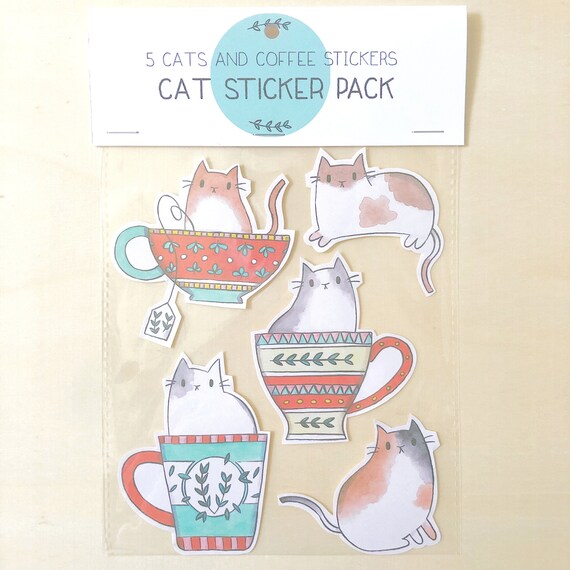 Cats and Coffee Stickers and A6 Cat Print Sticker Pack Cute | Etsy