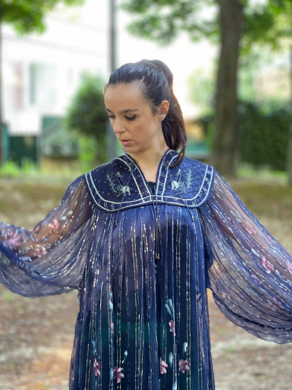 Indian Cotton Gauze Dress, 70s Indian Dress, Metallic Threads, Blue ...