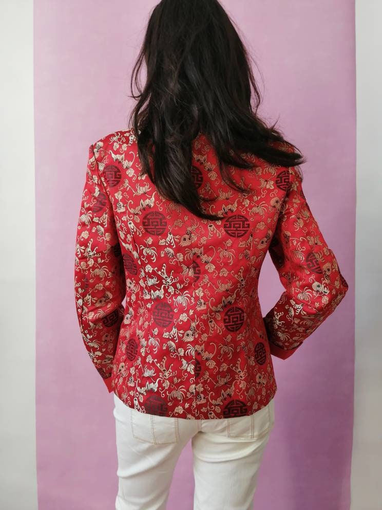 Chinese Jacket, 90s Vintage Blazer, Oriental Style, Red Silk Chinese Jacket, 90s Vintage Blazer, Oriental Style, Red Silk