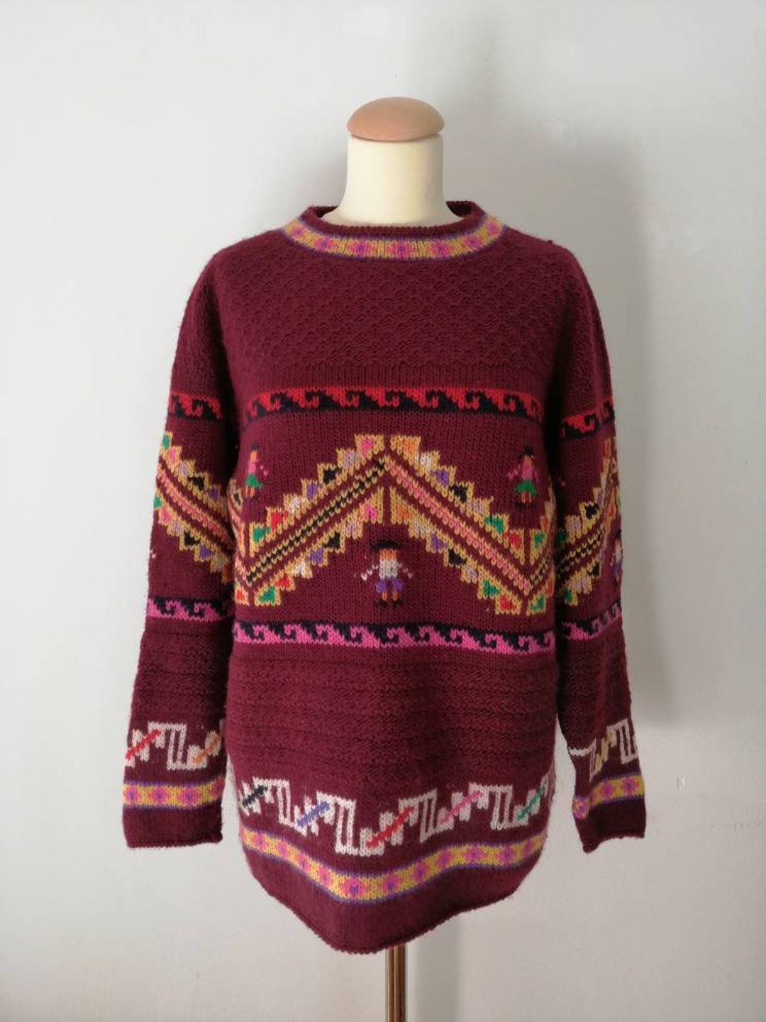 Peruvian Sweater, Vintage Ethnic Jumper, 90s Cardigan, Red Burgundy ...
