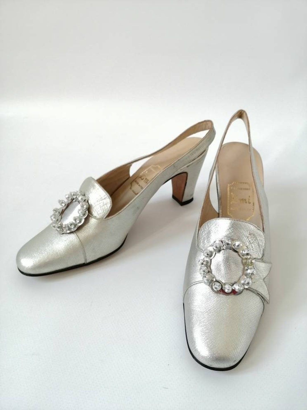 Slingback Shoes, 60s Shoes, Silver Slingback, Beaded, Versailles Style ...