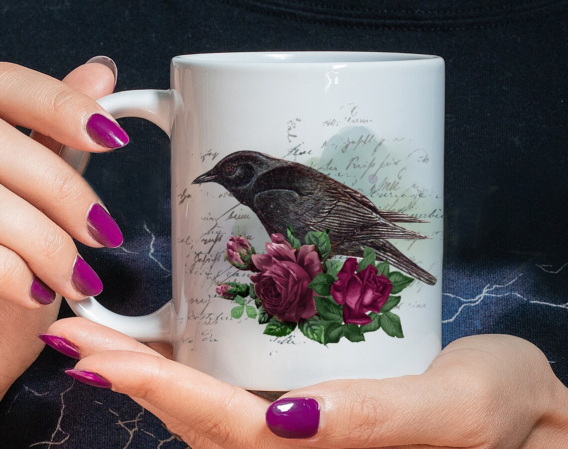Halloween Mug Raven Crow Black Bird Roses Crow and Roses - Etsy