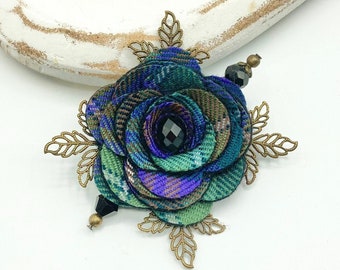 Glasgow Tartan Rose Brooch With Antique Bronze Leaves, Pink Tartan ...