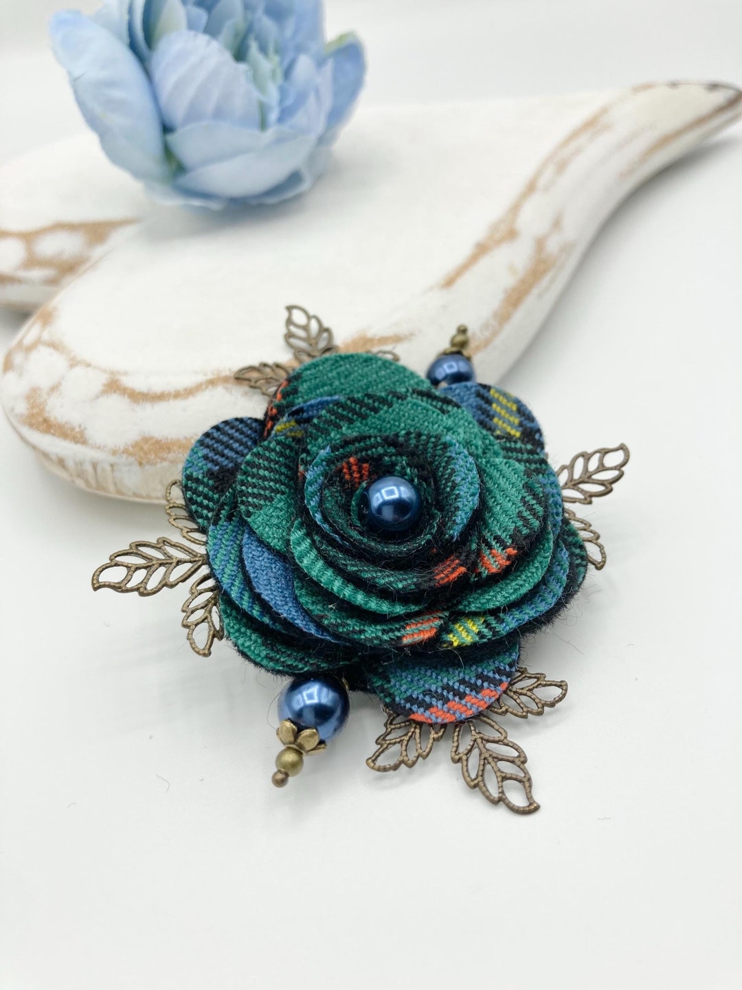 Macleod Tartan Brooch With Bronze Leaves and Beaded Detail, Tartan Rose ...