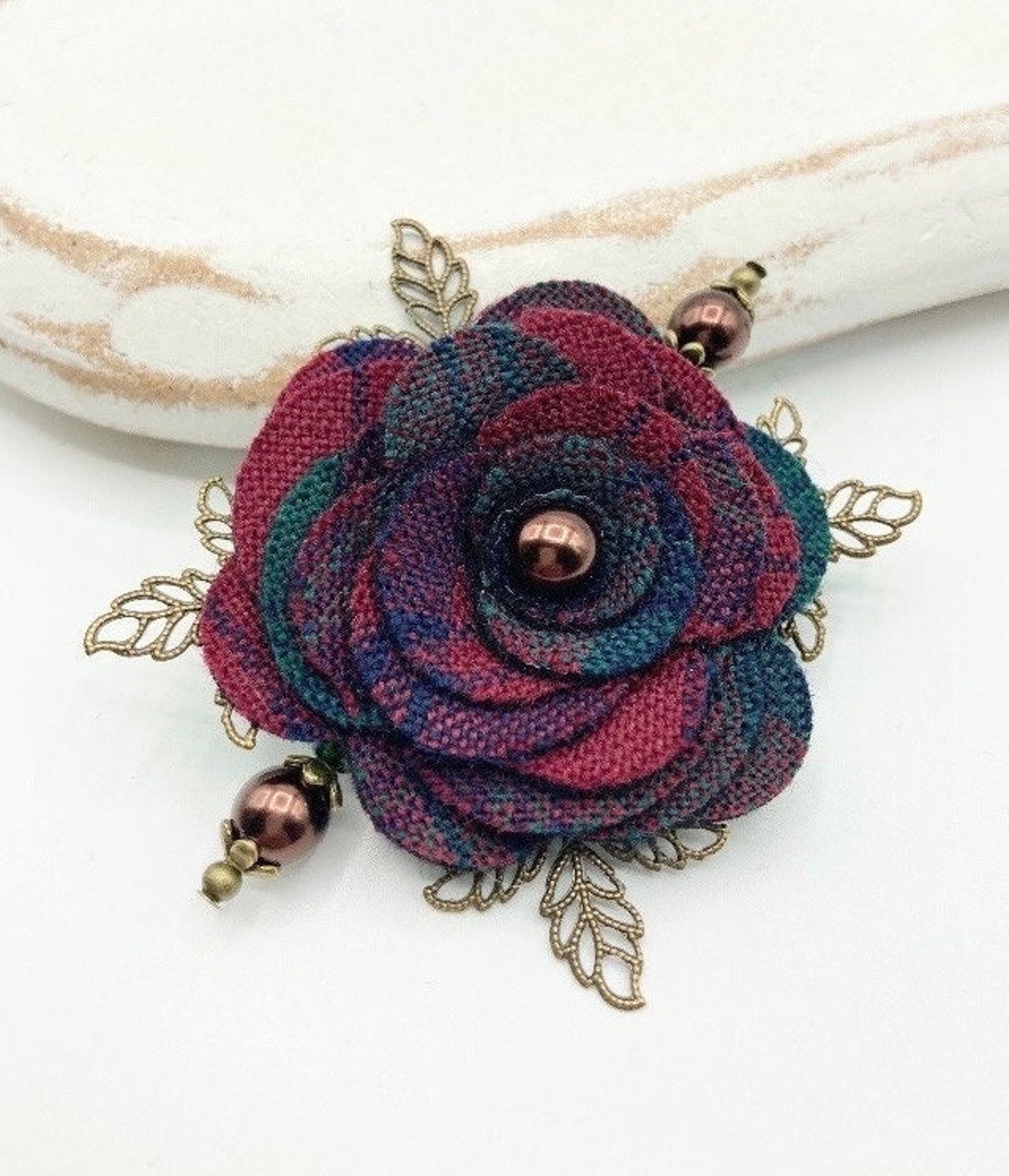 Lindsay Tartan Brooch With Bronze Leaves, Tartan Flower Brooch, Tartan ...