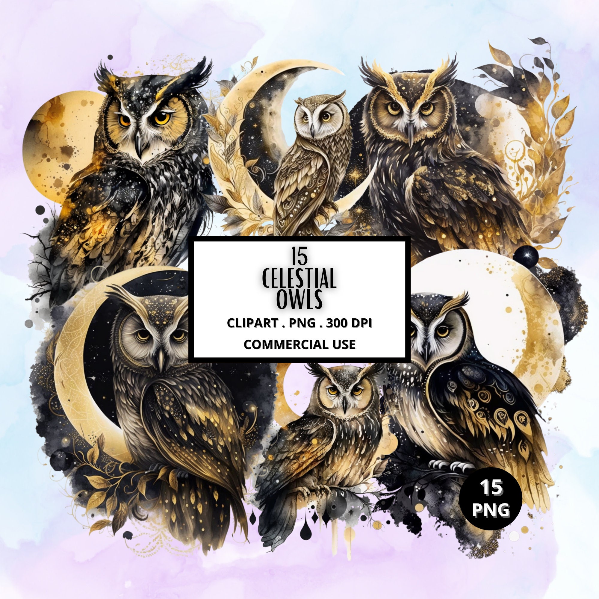 Watercolor Celestial Owl Clipart Owl Png Magic Clip Art - Etsy