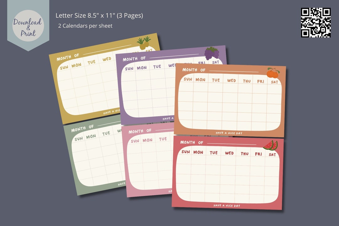 Printable BLANK Monthly Calendar, Digital Monthly Planner, Fruit Themed ...