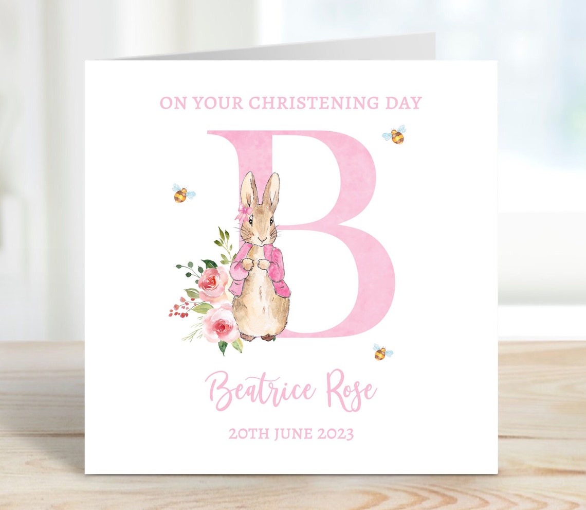 Personalised Peter Rabbit Pink Christening Card Baptism Card - Etsy