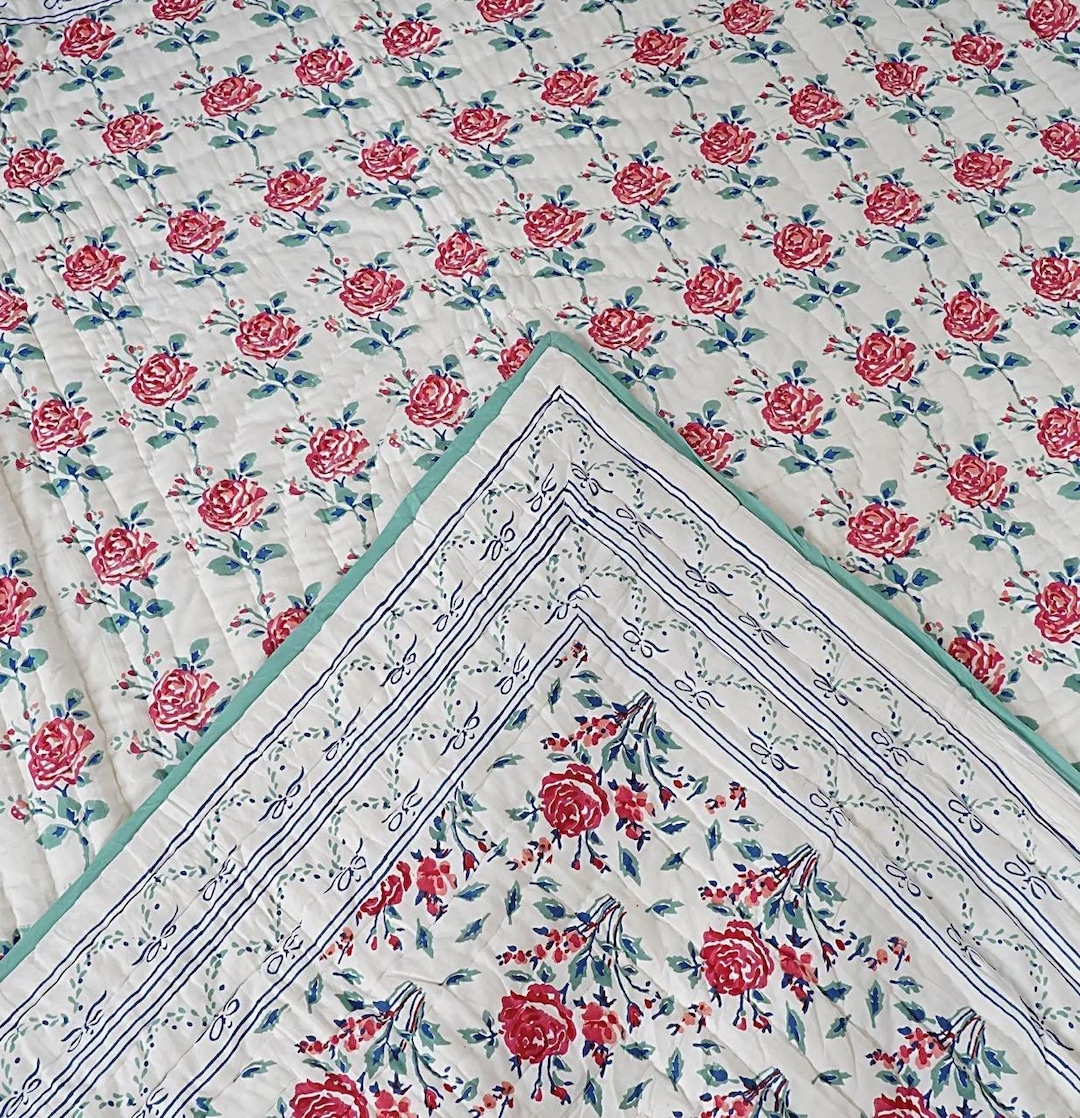 Floral Block Print Kantha Quilt: 100% Cotton Reversible King Size - Etsy