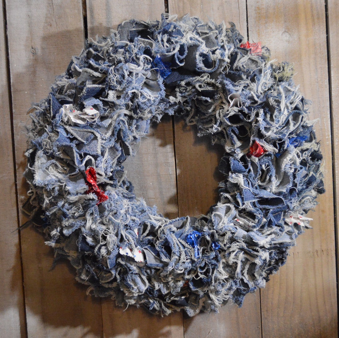 Rescued Denim Wreath 20 Inches With Red, White and Blue - Etsy