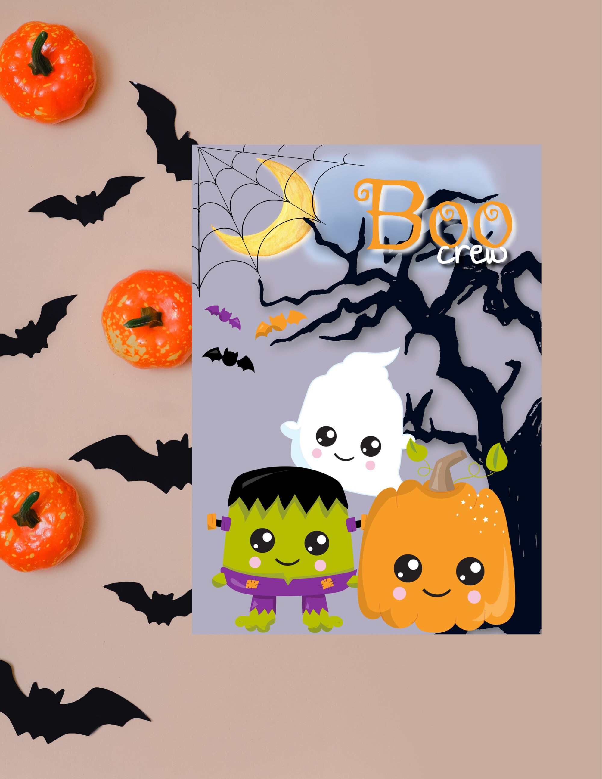 Boo Crew With Pumpkin, Monster, Ghost Cute Halloween Card Template ...