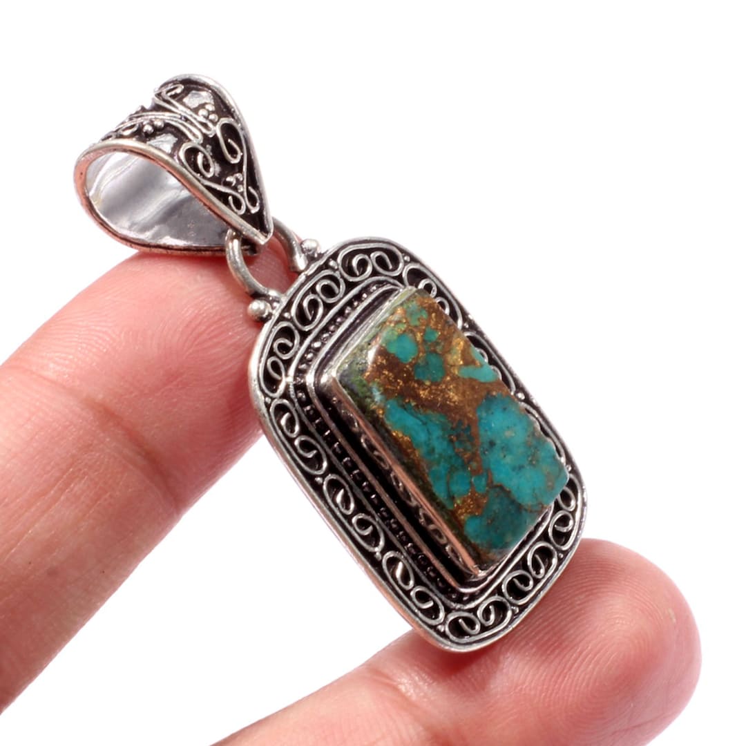 Copper Turquoise Gemstone Jewelry 925 Sterling Silver Pendant Vintage ...