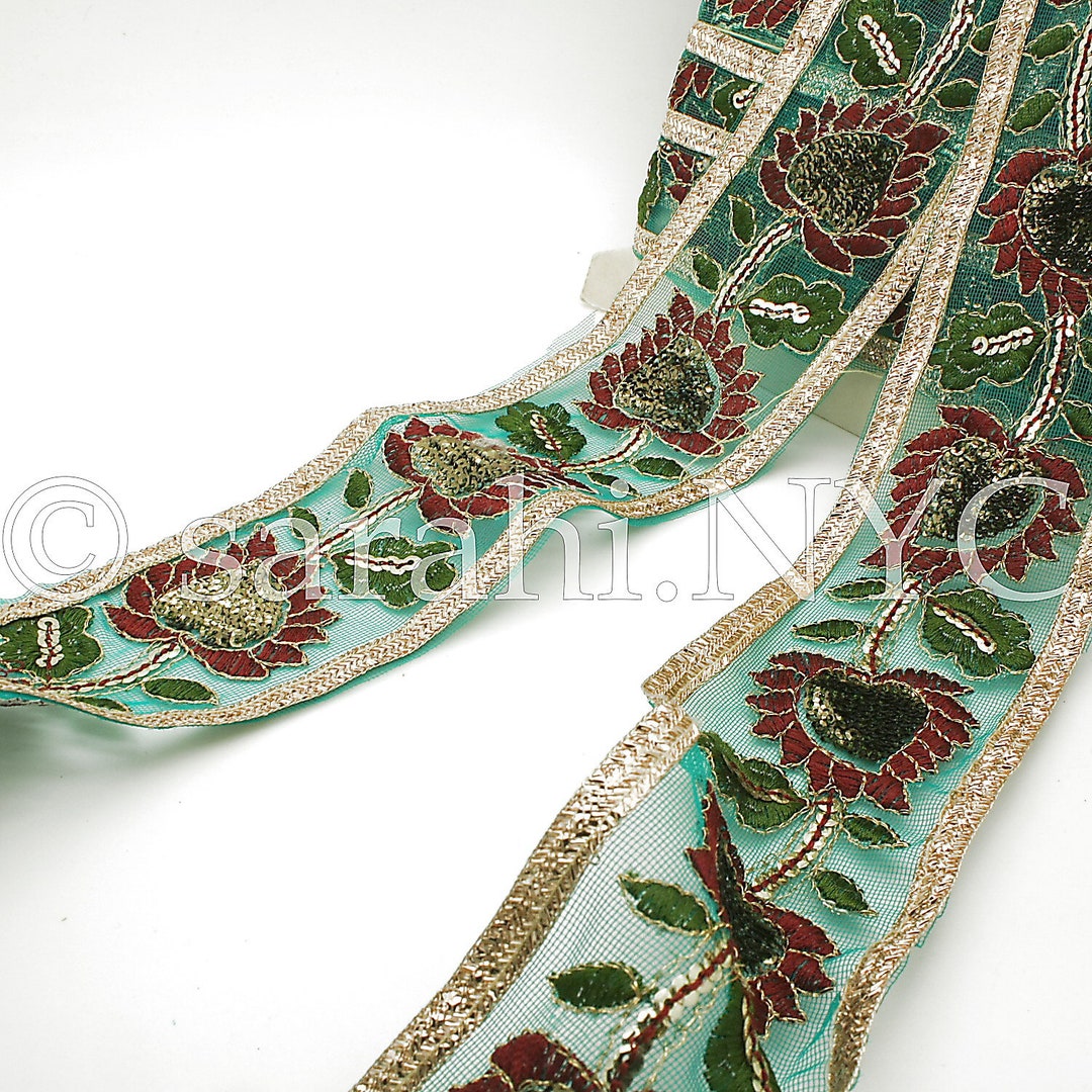 GREEN GOLD EMBROIDERED Ribbon Trim - Etsy