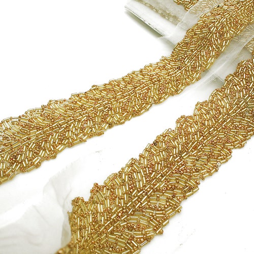 Gold Beaded Lace Trim Beaded Leaf Applique Wedding Sash Trim - Etsy