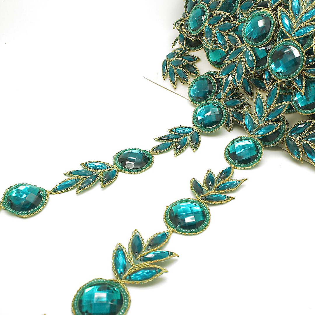 TEAL GREEN GOLD Floral Rhinestones Trim - Etsy