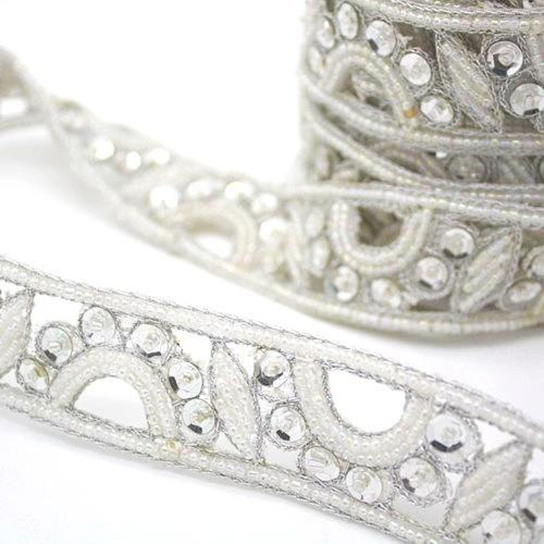 WHITE BEADED Trim White Sequin Trim White Beaded Embellishment With ...