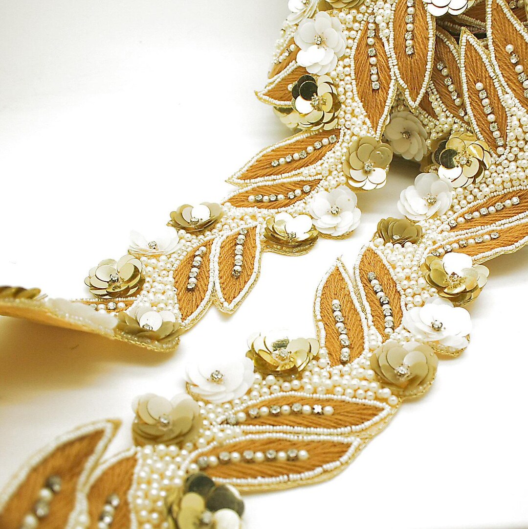 GOLD BEADED RHINESTONE Trim Flower Trim Beaded Trim Gold Sequin Trim - Etsy