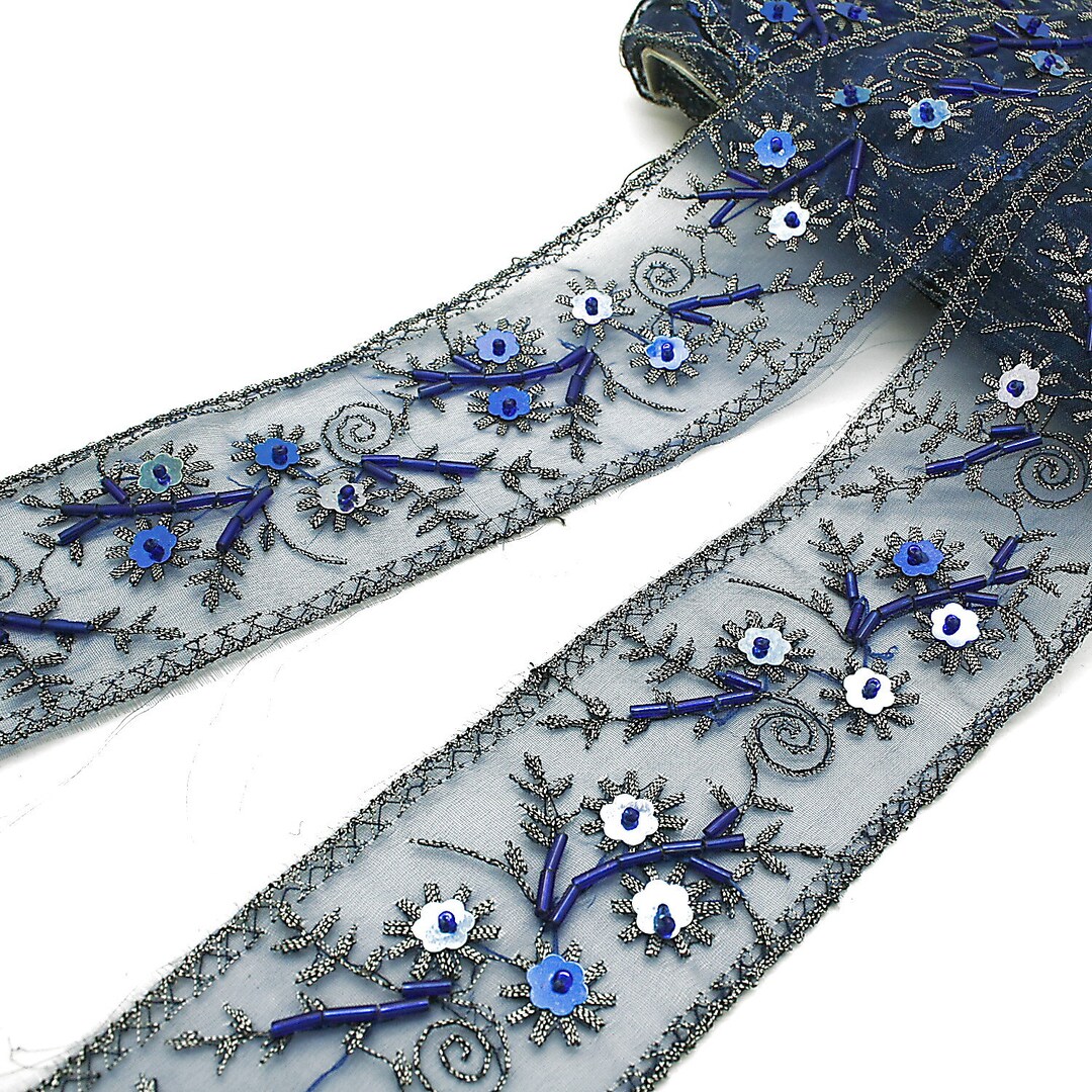 BLUE BEADED TRIM With Sequin Ribbon With Beads - Etsy