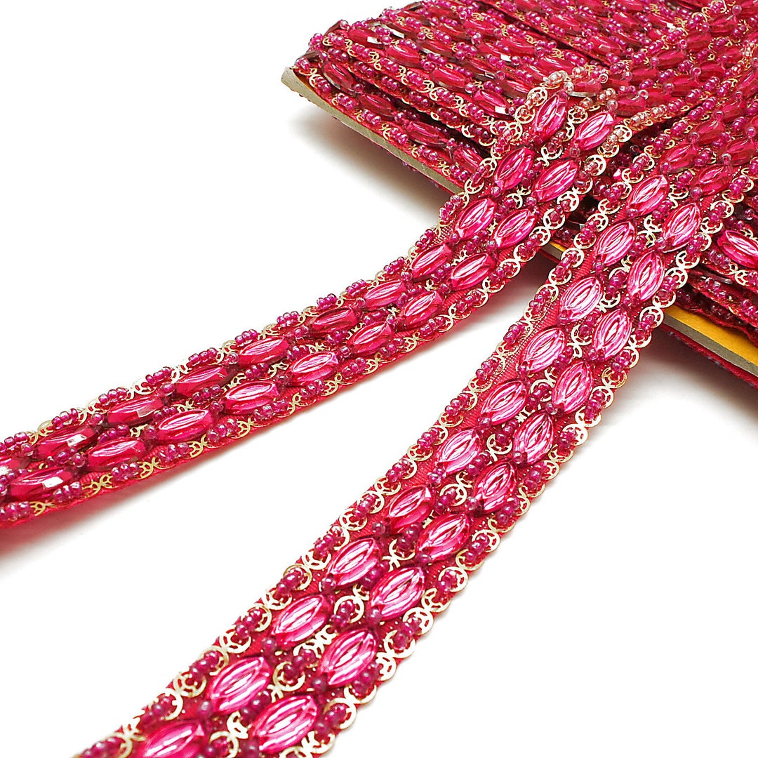 PINK RHINESTONE Trim Pink Beaded Trim Pink Sequin Trim With Beads and ...