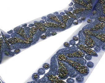 Light Blue Trim Re-embroidered Beaded Trim in Floral Trim With Sequins ...