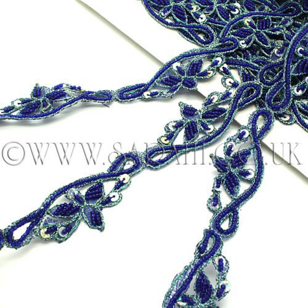 BLUE FLORAL Trim Blue Beaded Trim Blue Trim With Sequins Blue Sequin ...