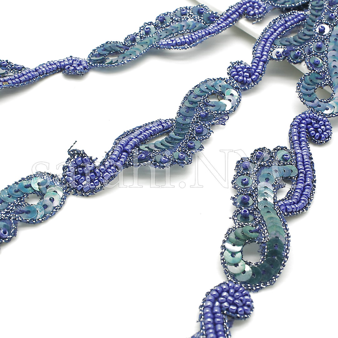 BLUE BEADED Trim Sequin Trim Craft Ribbon Embellishment Sewing Fashion ...
